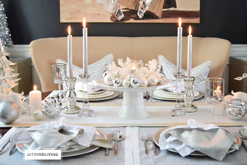 A WINTER WHITE AND SILVER HOLIDAY TABLESCAPE