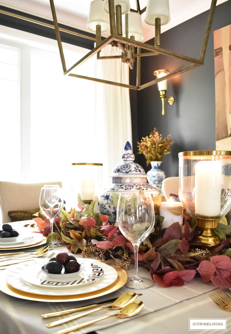 AN ELEGANT FALL TABLESCAPE WITH FAUX FOLIAGE