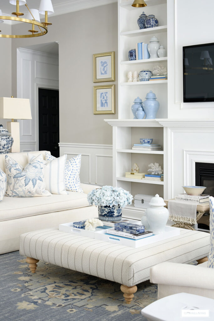 LIVING ROOM SPRING DECOR IN BLUE + WHITE | CITRINELIVING
