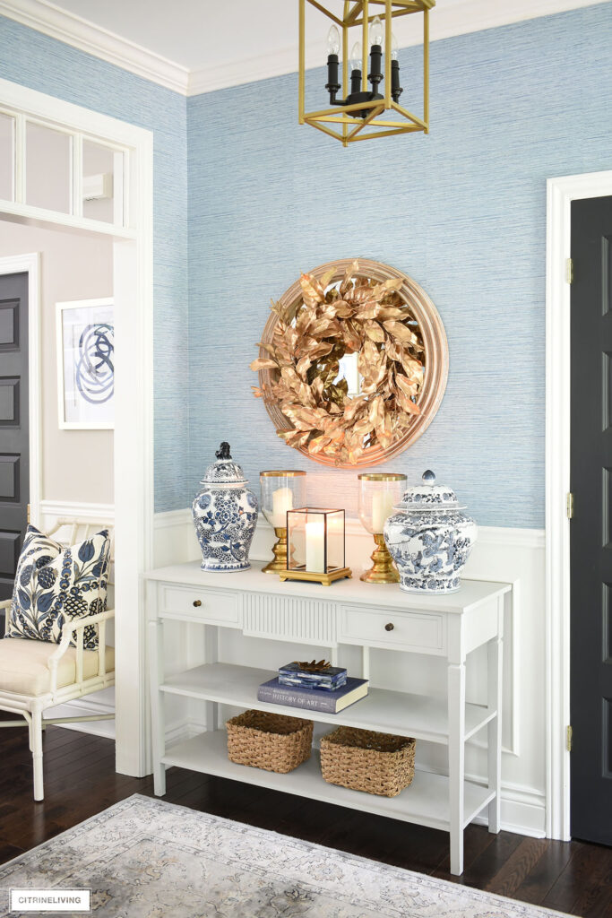 Fall Entryway Decor in Elegant Gold, Blue + White | CitrineLiving