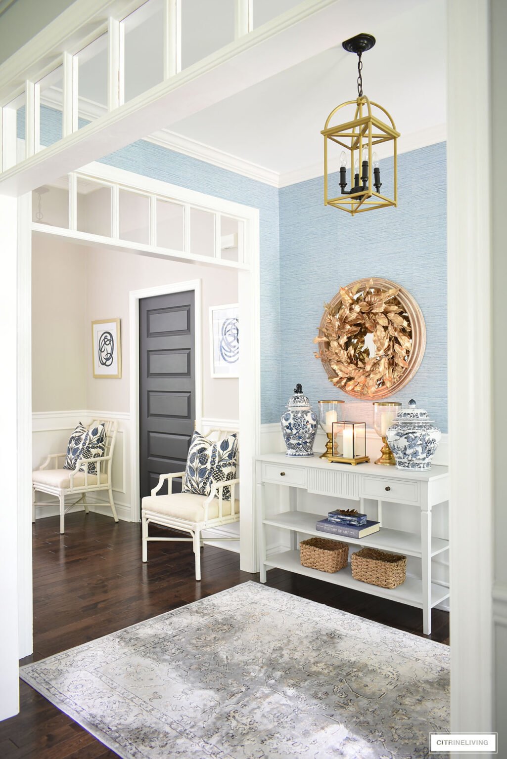Fall Entryway Decor in Elegant Gold, Blue + White | CitrineLiving