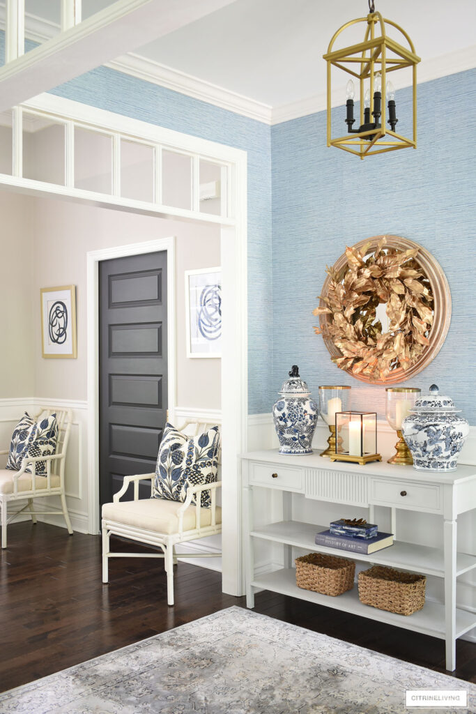 Fall Entryway Decor in Elegant Gold, Blue + White | CitrineLiving