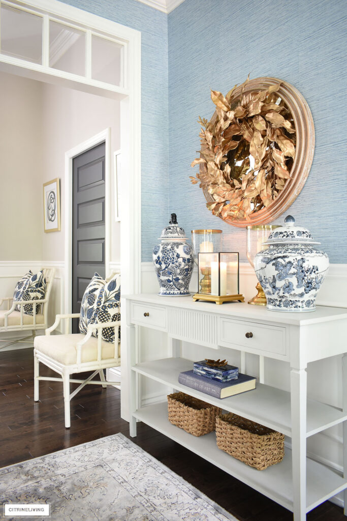 Fall Entryway Decor in Elegant Gold, Blue + White | CitrineLiving