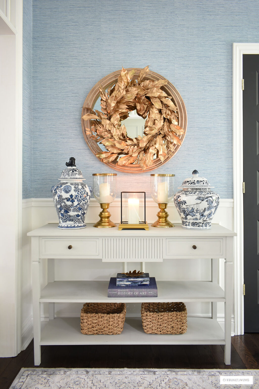 Fall Entryway Decor in Elegant Gold, Blue + White | CitrineLiving