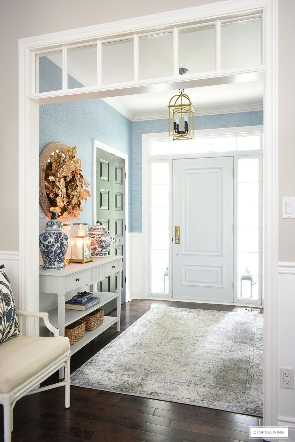 Fall Entryway Decor in Elegant Gold, Blue + White | CitrineLiving