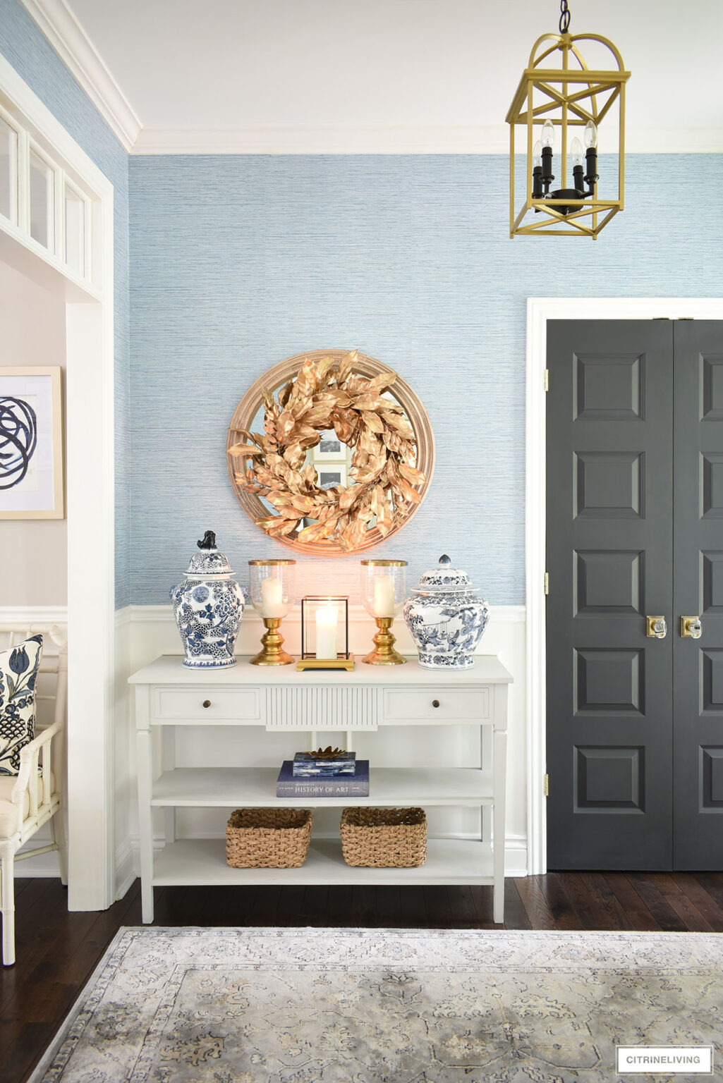 Fall Entryway Decor in Elegant Gold, Blue + White | CitrineLiving